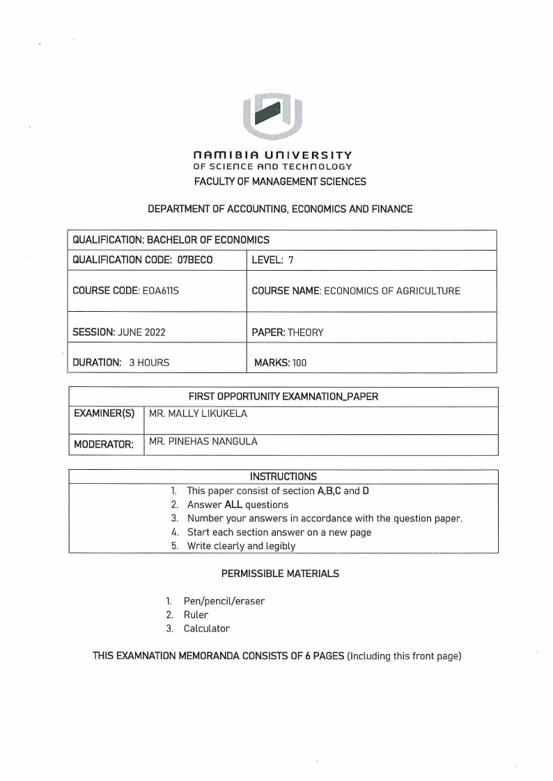 EOA611S-ECONOMICS OF AGRICULTURE-1ST OPP-JUNE 2022 :: NUST past ...