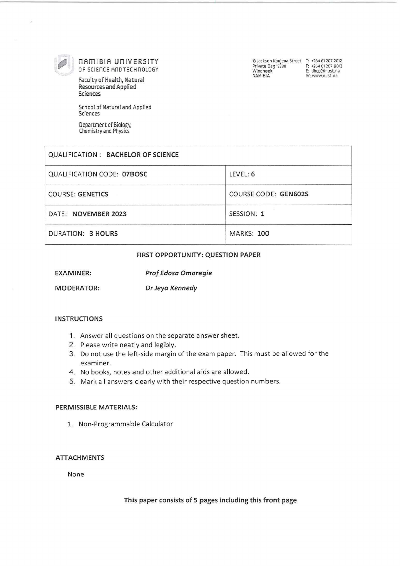 GEN602S - GENETICS -1ST OPP - NOVEMBER 2023 :: NUST past examination ...
