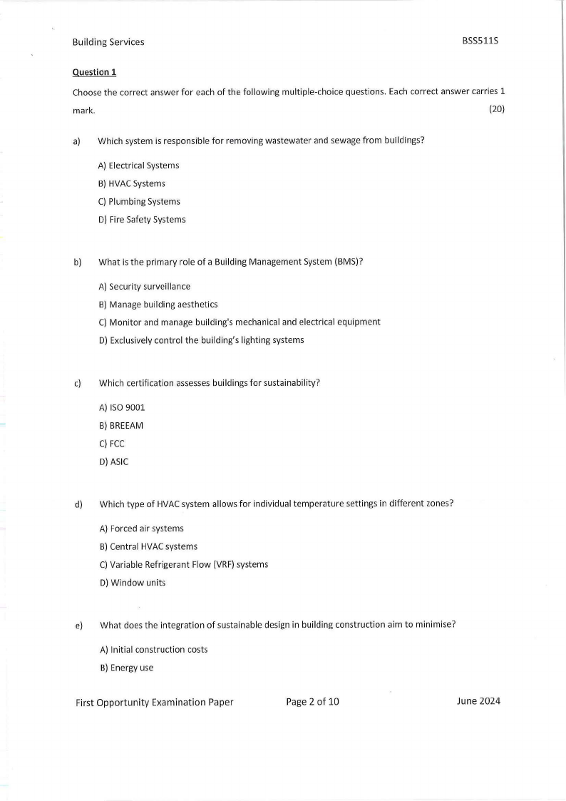 BSS511S - BUILDING SERVICES - IST OPP - JUNE 2024 :: NUST past examination papers between 2020 ...