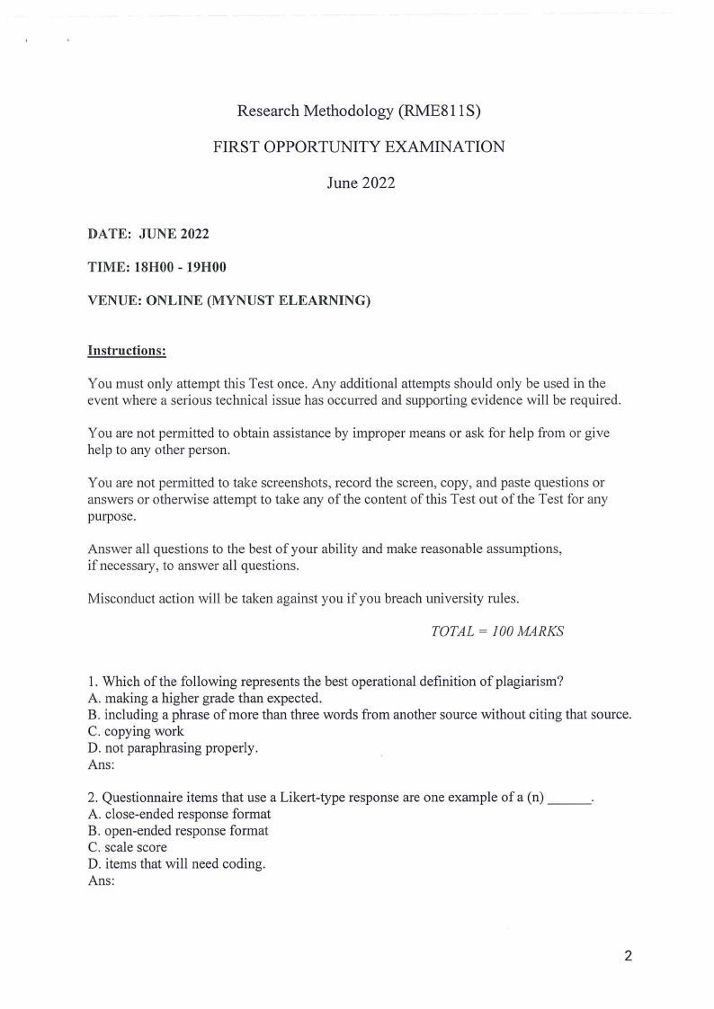 RME811S - RESEARCH METHODOLOGY - 1ST OPP - JUNE 2022 :: NUST past ...