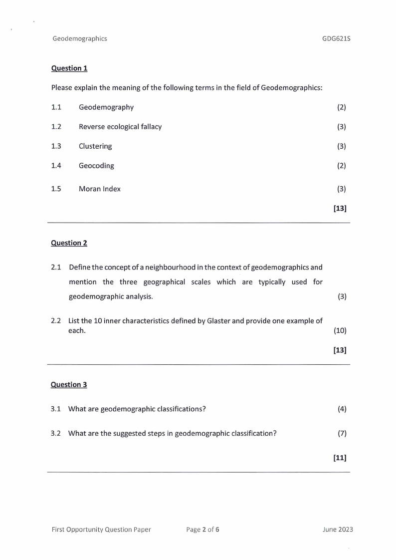 GDG621S - GEODEMOGRAPHICS - 1ST OPP - JUNE 2023 :: NUST past examination papers between 2020 and ...