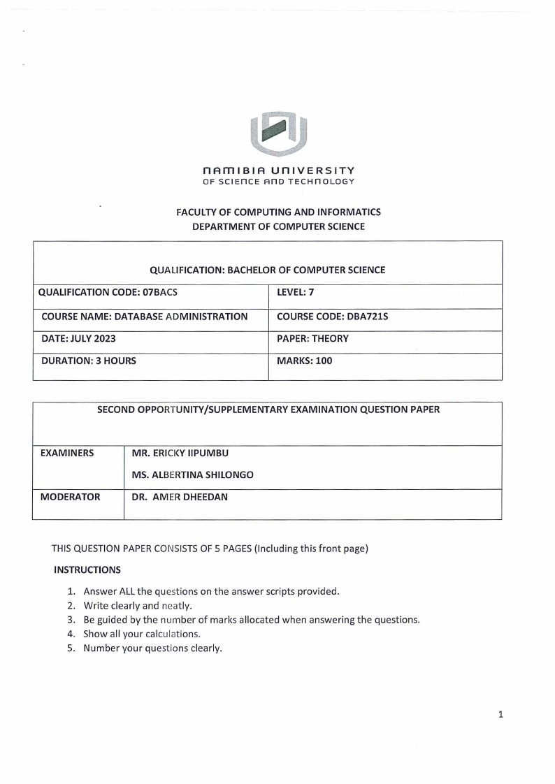 DBA721S - DATABASE ADMINISTRATION - 2ND OPP - JULY 2023 :: NUST past ...