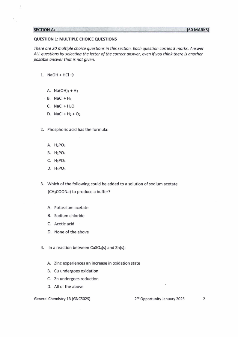 GNC502S - GENERAL CHEMISTRY 1B - 2ND OPP - JANUARY 2025 :: NUST past examination papers between ...