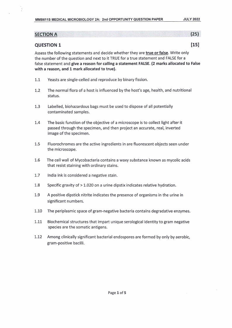 MMB611S - MEDICAL MICROBIOLOGY 2A - 2ND OPP - JULY 2022 :: NUST past ...