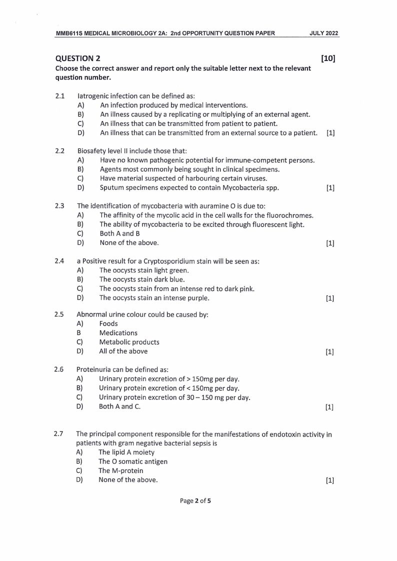 MMB611S - MEDICAL MICROBIOLOGY 2A - 2ND OPP - JULY 2022 :: NUST past ...