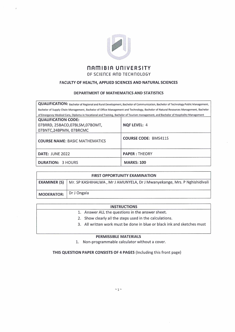BMS411S - BASIC MATHEMATICS - 1ST OPP - JUNE 2022 :: NUST past ...
