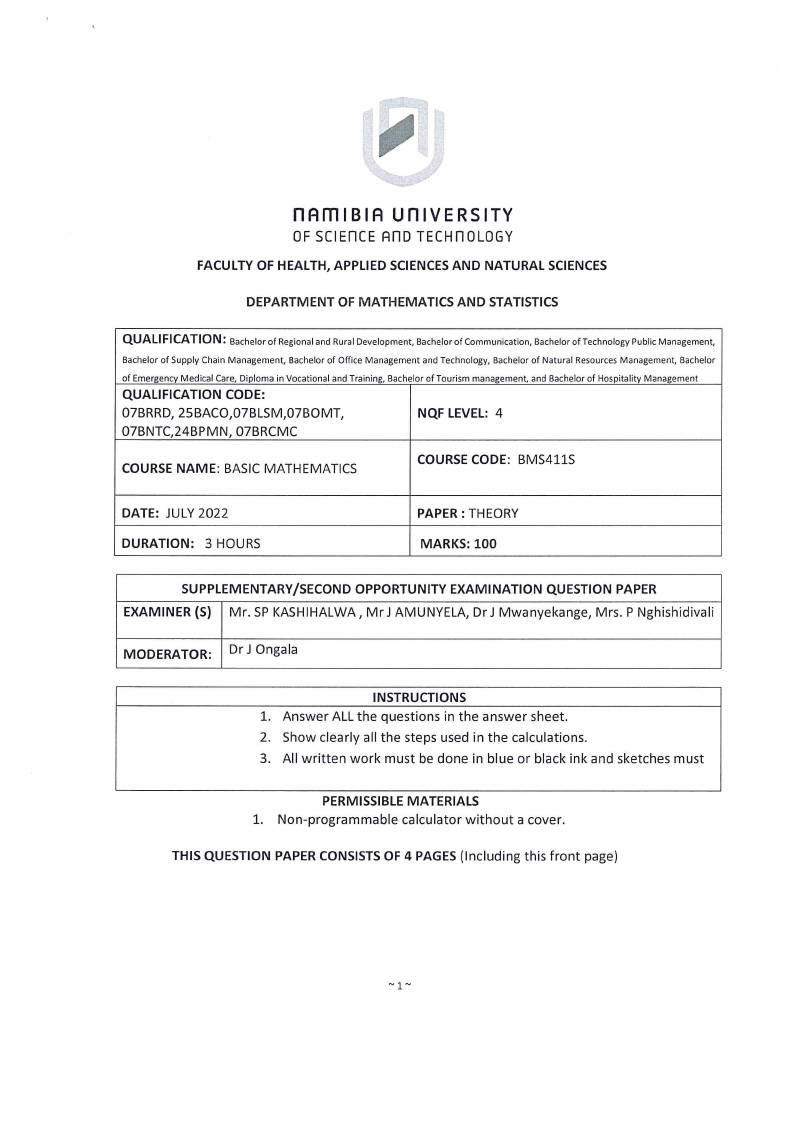 BMS411S - BASIC MATHEMATICS - 2ND OPP - JULY 2022 :: NUST past examination papers between 2020 ...