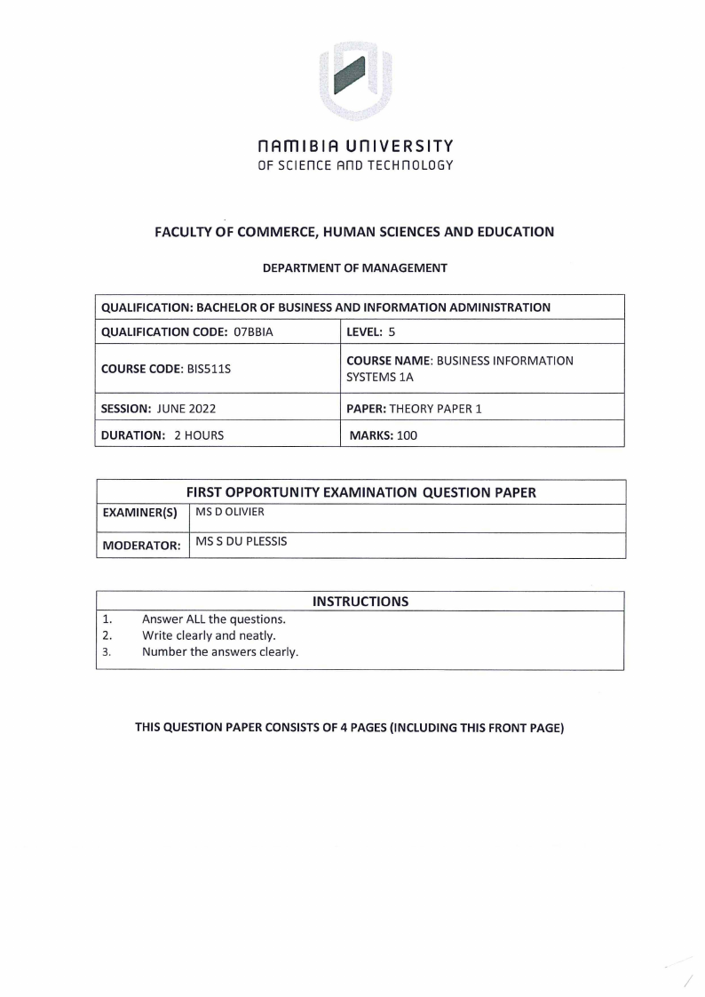 BIS511S - BUSINESS INFORMATION SYSTEMS 1A - 1ST OPP - JUNE 2022 :: NUST ...