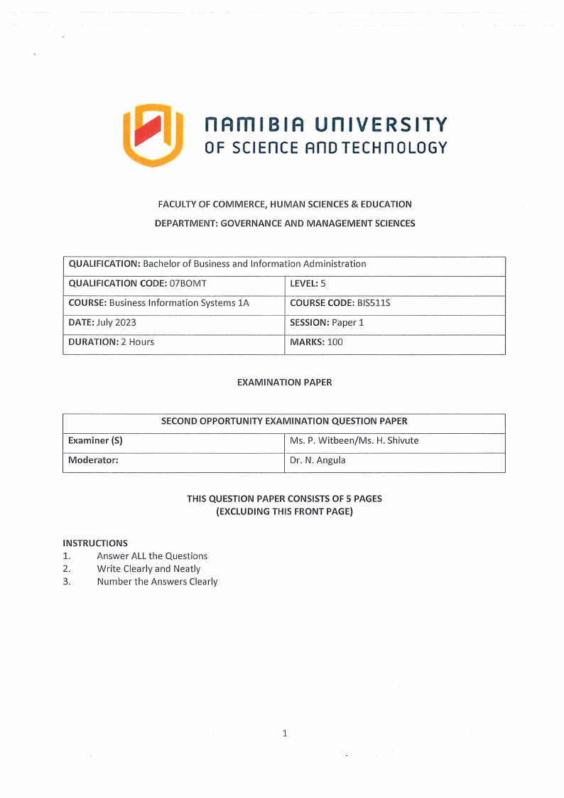 BIS511S - BUSINESS INFORMATION SYSTEMS 1A - 2ND OPP - JULY 2023 :: NUST ...