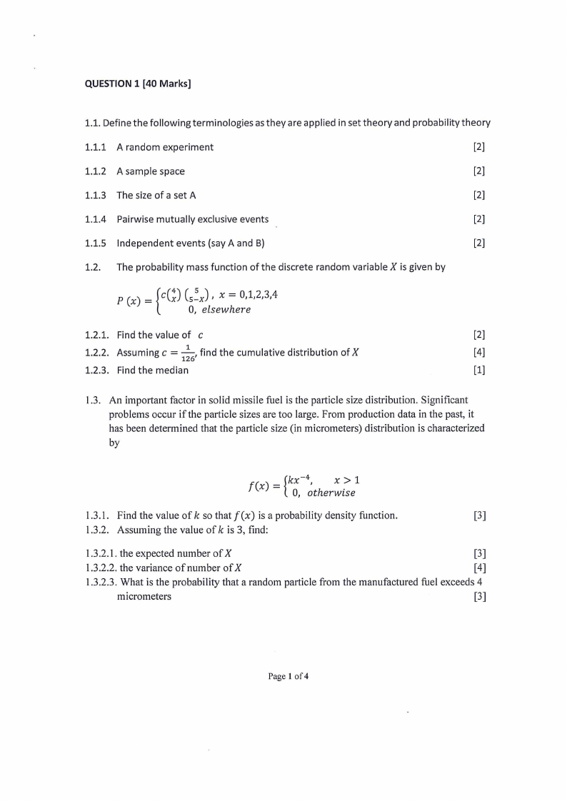 PBT501S - PROBABILITY THEORY 1 - 1ST OPP - NOV 2022 :: NUST past examination papers between 2020 ...