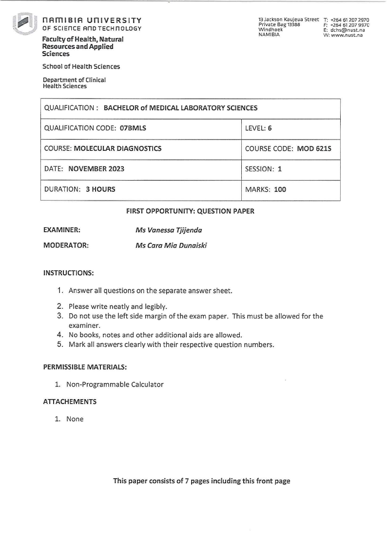 MOD621S - MOLECULAR DIAGNOSTICS - 1ST OPP - NOVEMBER 2023 :: NUST past ...