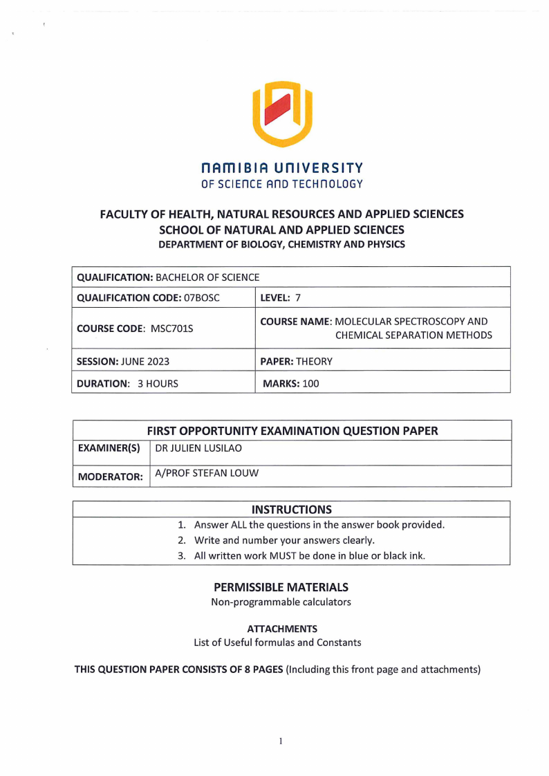 MSC701S - MOLECULAR SPECTROSCOPY AND CHEMICAL SEPARTION METHODS - 1ST ...