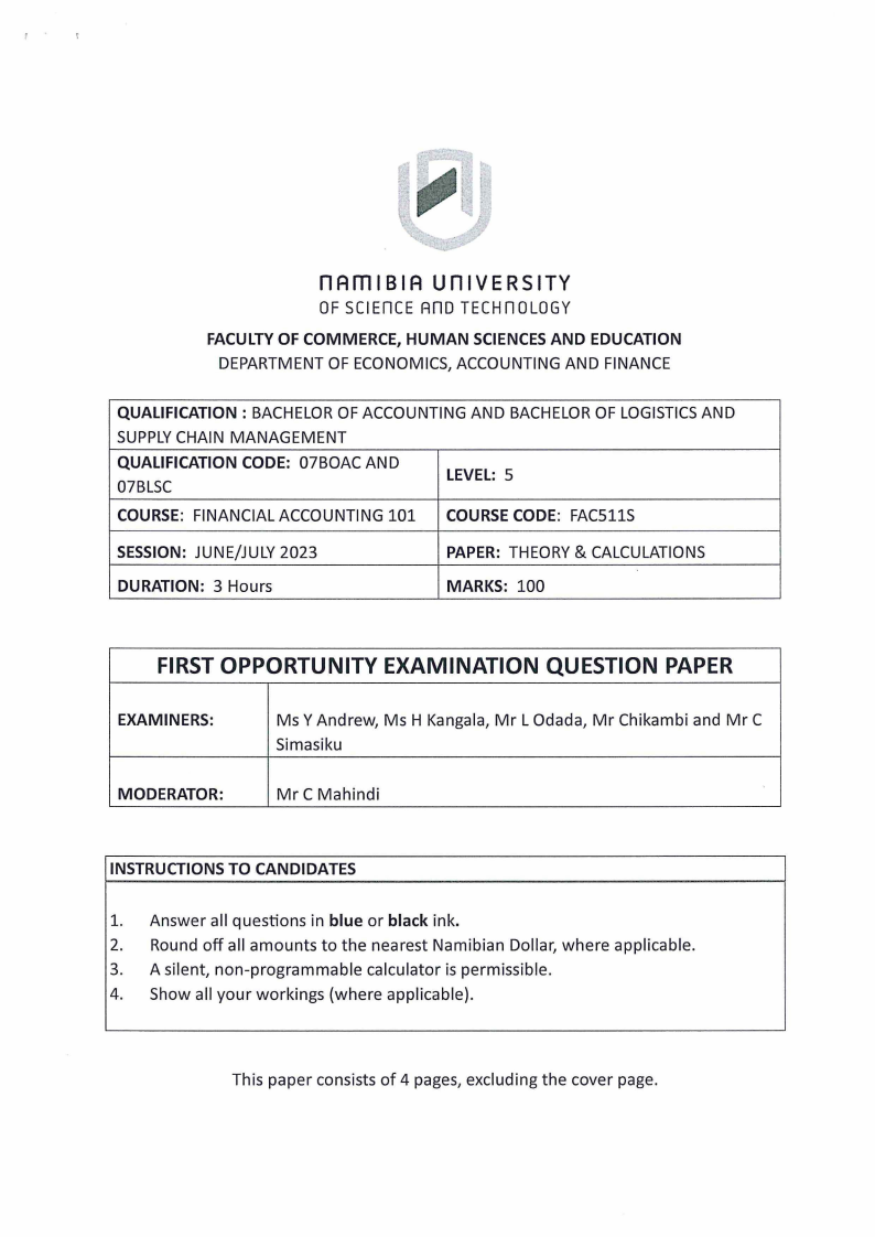 FAC511S- FINANCIAL ACCOUNTING 101- 1ST OP- JUNE 2023 :: NUST past ...
