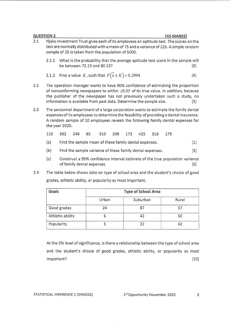 SIN502S - STATISTICAL INFERENCE 1 - 1ST OPP - NOVEMBER 2023 :: NUST ...