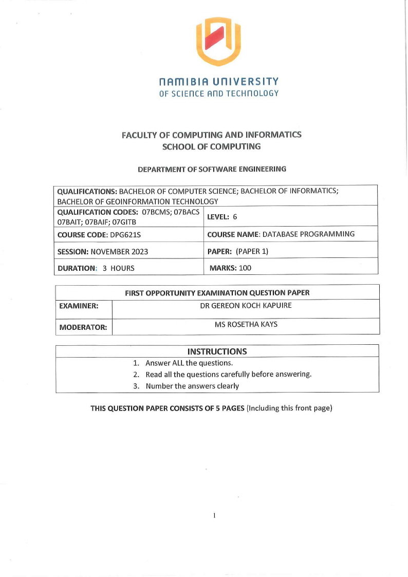 DPG621S - DATABASE PROGRAMMING - 1ST OPP - NOV 2023 :: NUST past ...