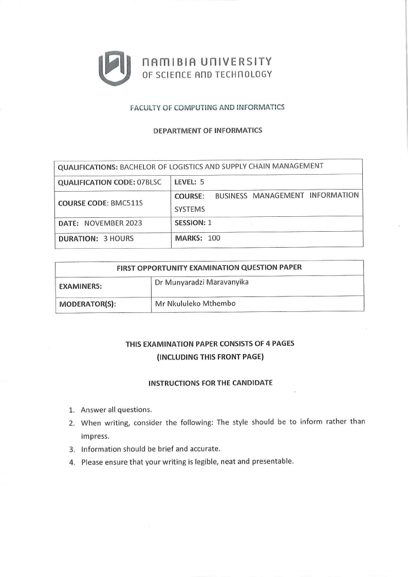 BMC511S - BUSINESS MANAGEMENT INFORMATION SYSTEMS - 1ST OPP - NOV 2023 ...