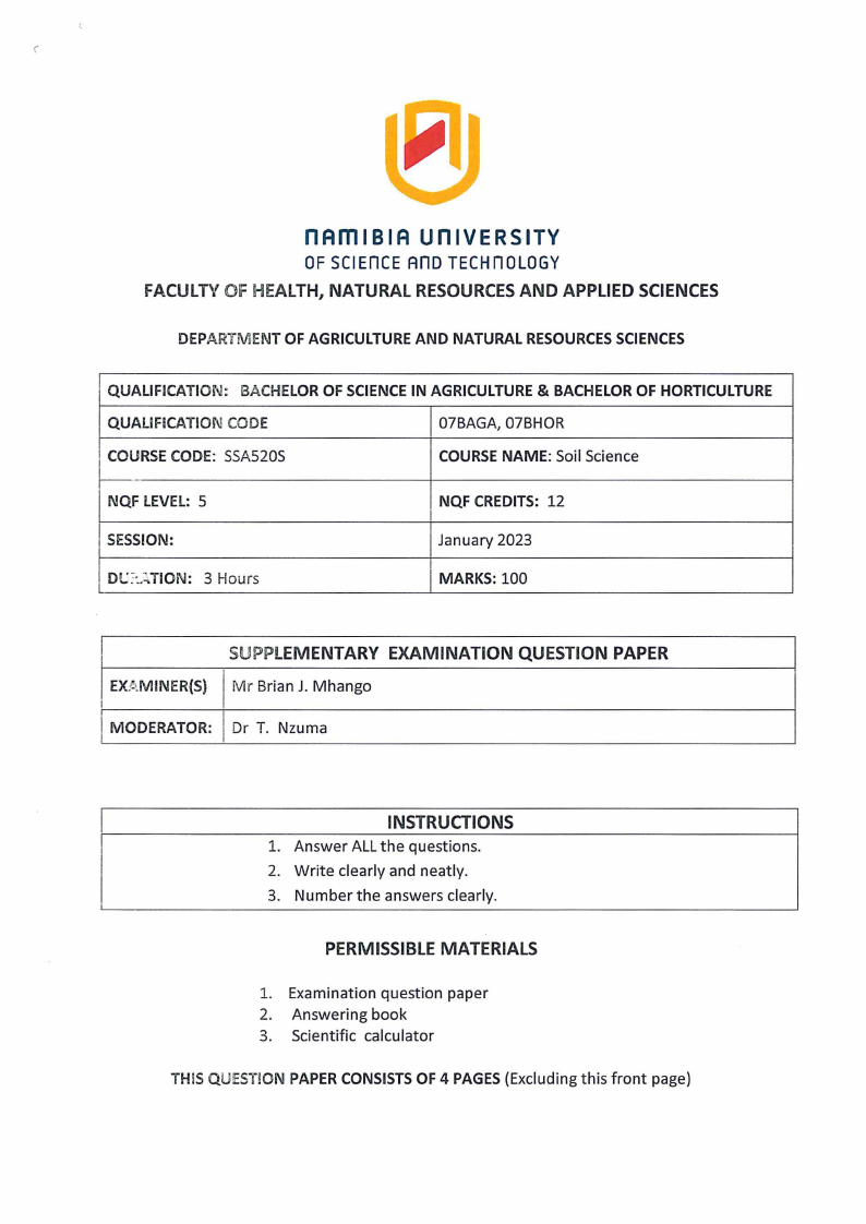 SSA520S - SOIL SCIENCE - 2ND OPP - JAN 2023 :: NUST past examination ...