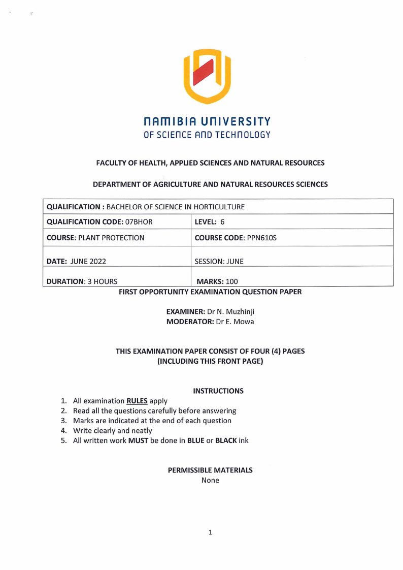 PPN610S - PLANT PROTECTION - 1st Opp - JUNE 2022 :: NUST past ...