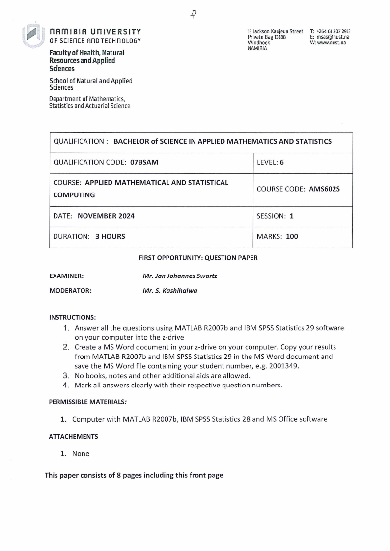 AMS602S - APPLIED MATHEMATICAL AND STATISTICAL COMPUTING - 1S OPP - NOVEMBER 2024 :: NUST past ...