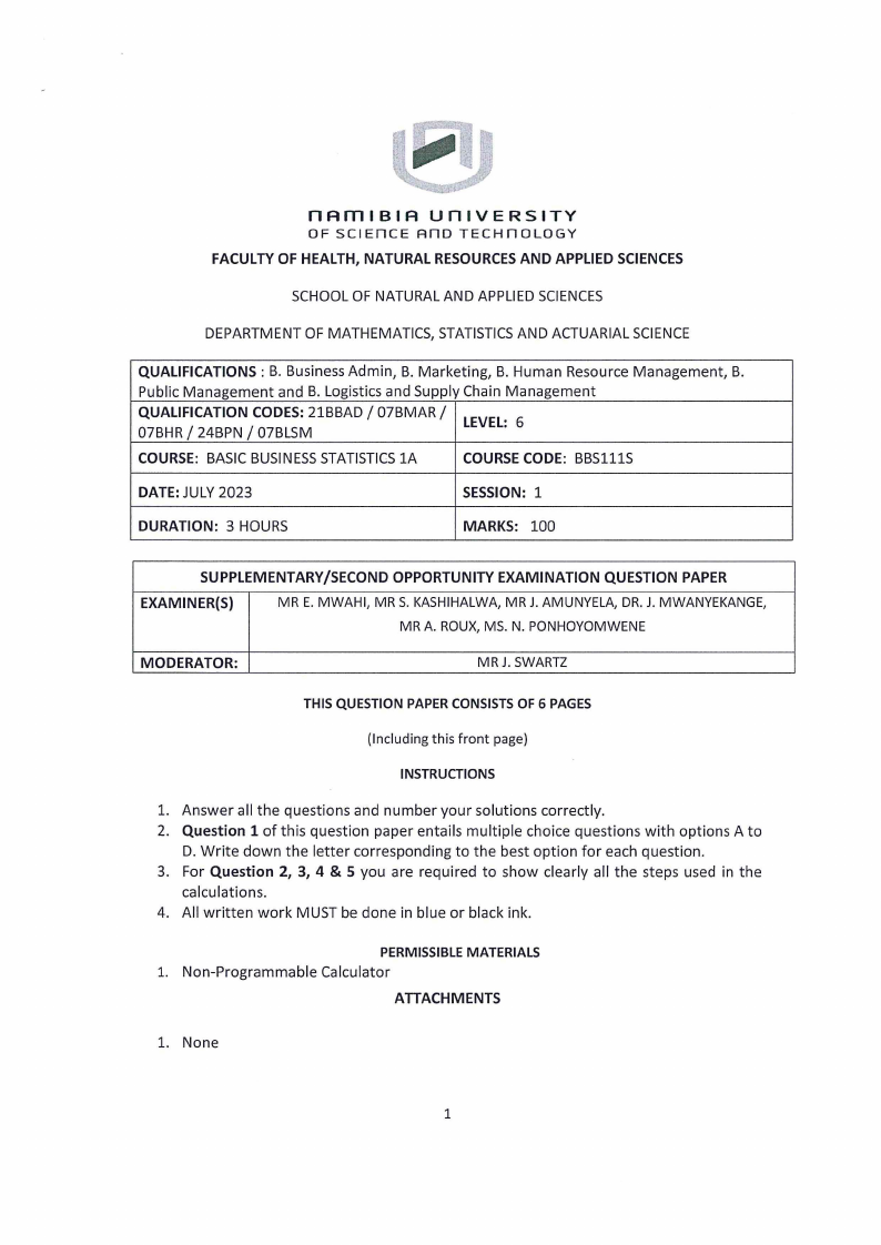 BBS111S - BASIC BUSINESS STATISTICS 1A- 2ND OPP - JULY 2023 :: NUST ...