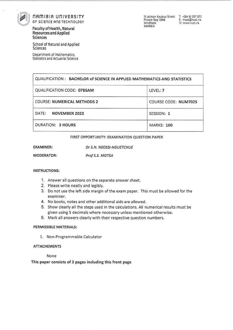 NUM702S - NUMERICAL METHODS 2 - 1ST OPP - NOVEMBER 2023 :: NUST past ...