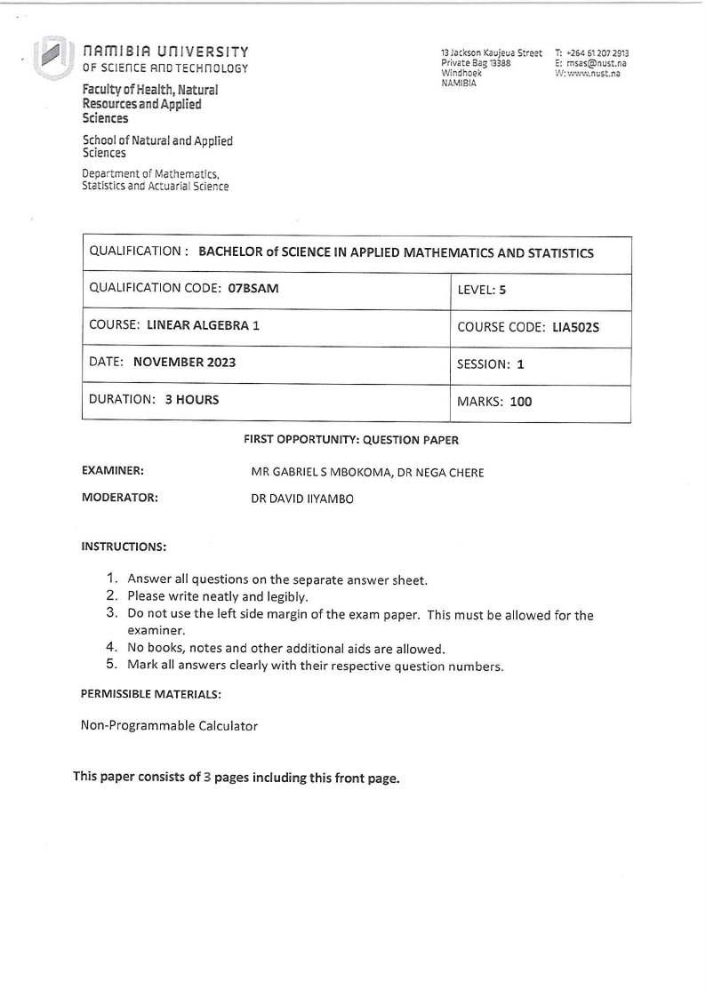 LIA502S - LINEAR ALGEBRA 1 - 1ST OPP - NOVEMBER 2023 :: NUST past ...