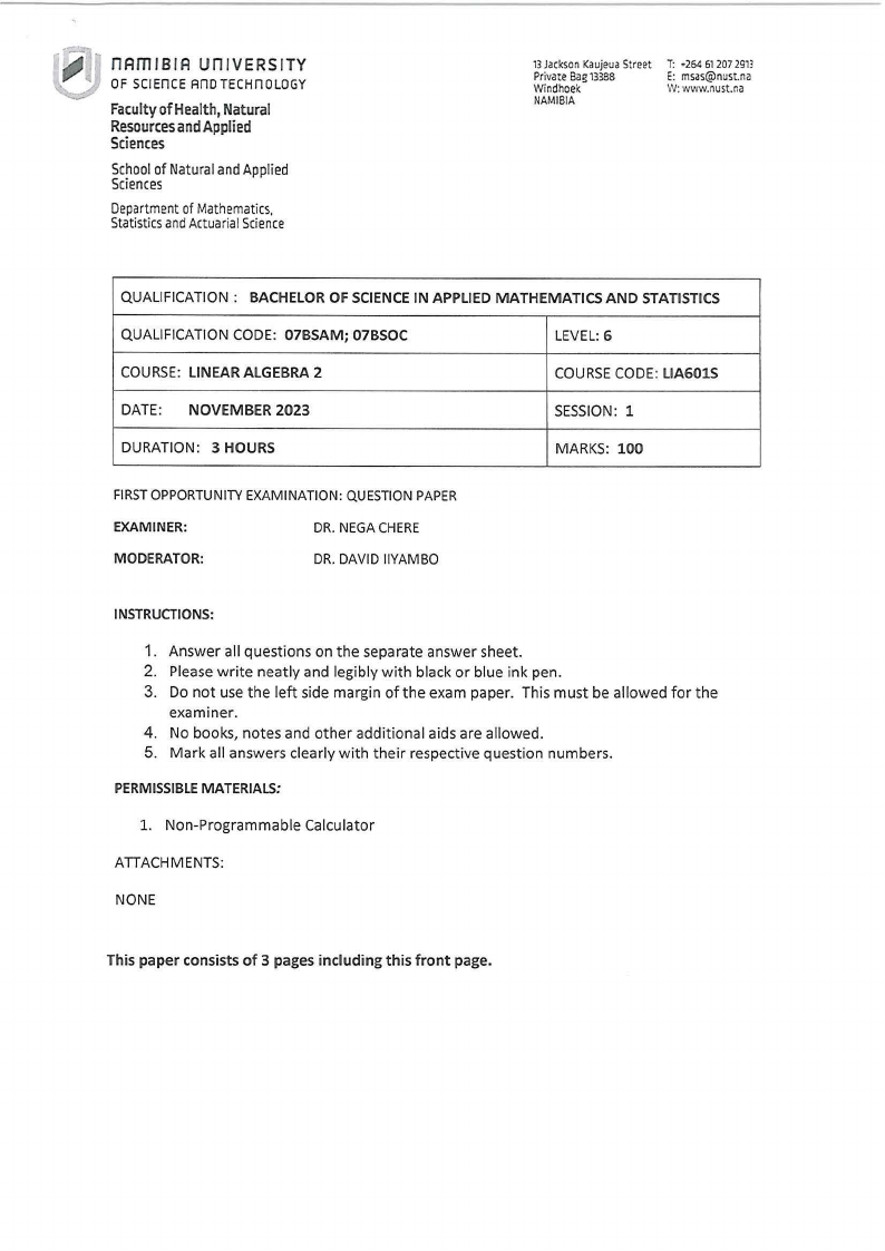 LIA601S - LINEAR ALGEBRA 2 - 1ST OPP - NOVEMBER 2023 :: NUST past ...