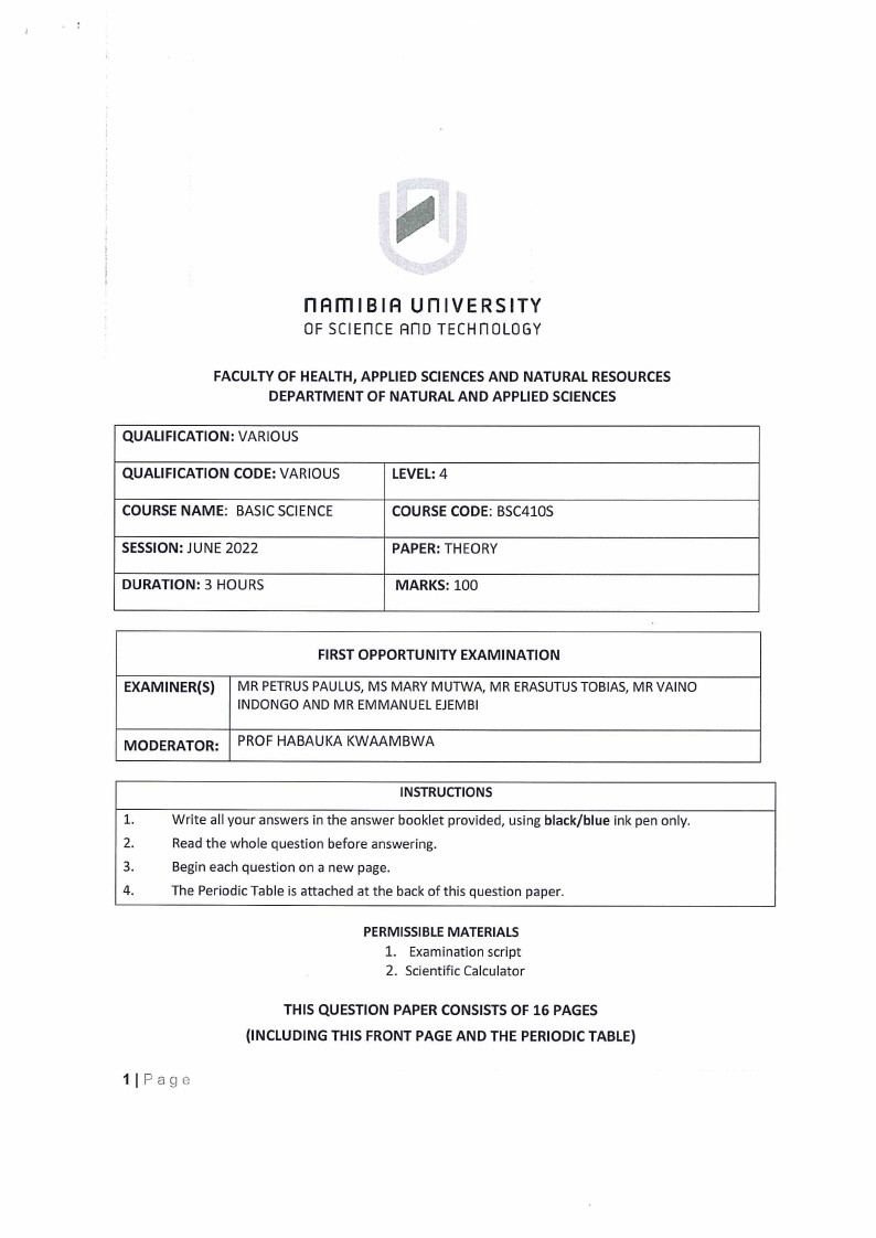 BSC410S - BASIC SCIENCE - 1ST OPP - JUNE 2022 :: NUST past examination ...
