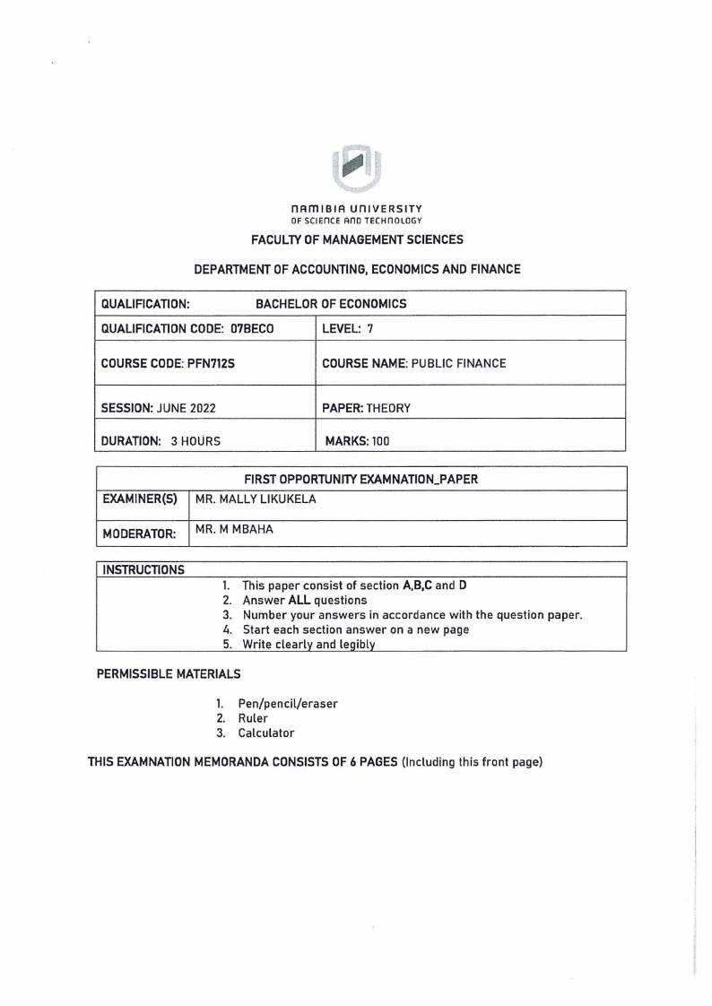 PFN712S-PUBLIC FINANCE-1ST OPP-JUNE 2022 :: NUST past examination ...