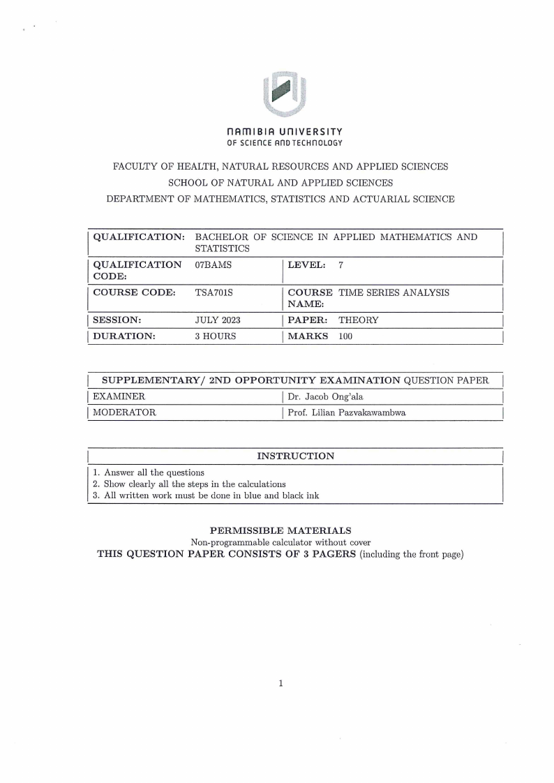 TSA701S - TIME SERIES - 2ND OPP - JULY 2023 :: NUST past examination ...