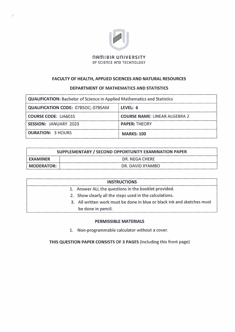 LIA601S - LINEAR ALGEBRA 2 - 2ND OPP - JAN 2023 :: NUST past ...