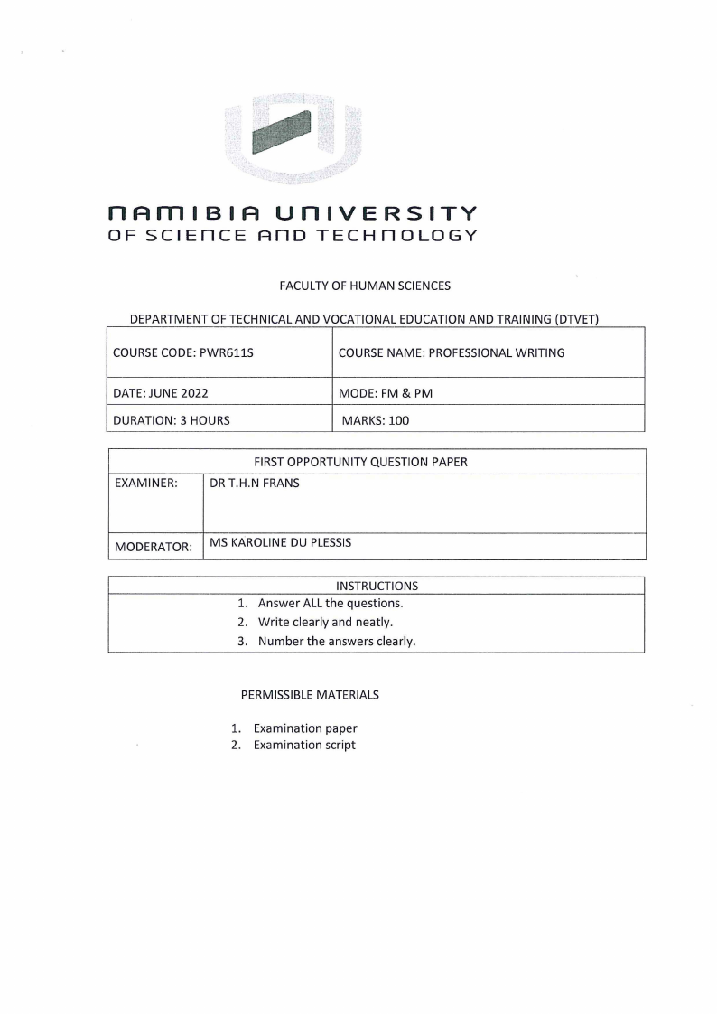 PWR611S - PROFESSIONAL WRITING - 1ST OPP - JUNE 2022 :: NUST past ...