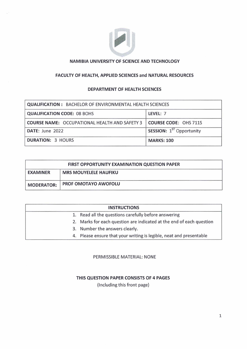 OHS711S - OCCUPATIONAL HEALTH AND SAFETY 3 - 1ST OPP - JUNE 2022 ...