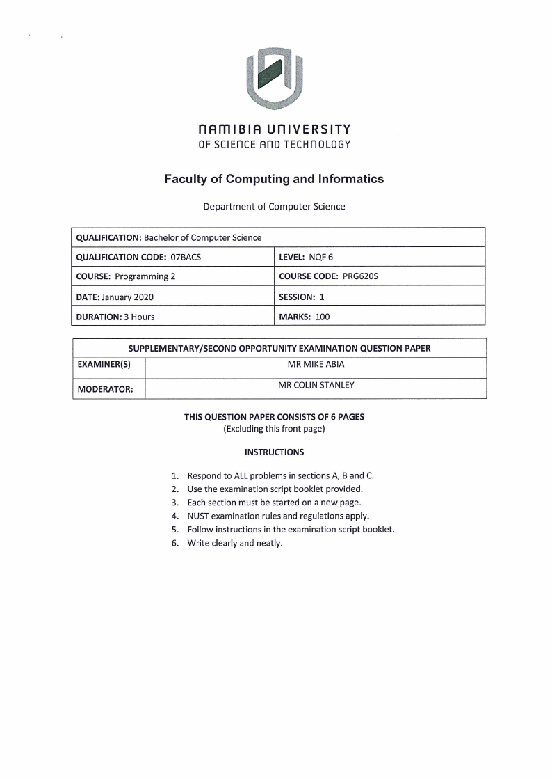 PRG620S - PROGRAMMING 2 - 2ND OPP - JAN 2020 :: NUST past examination ...