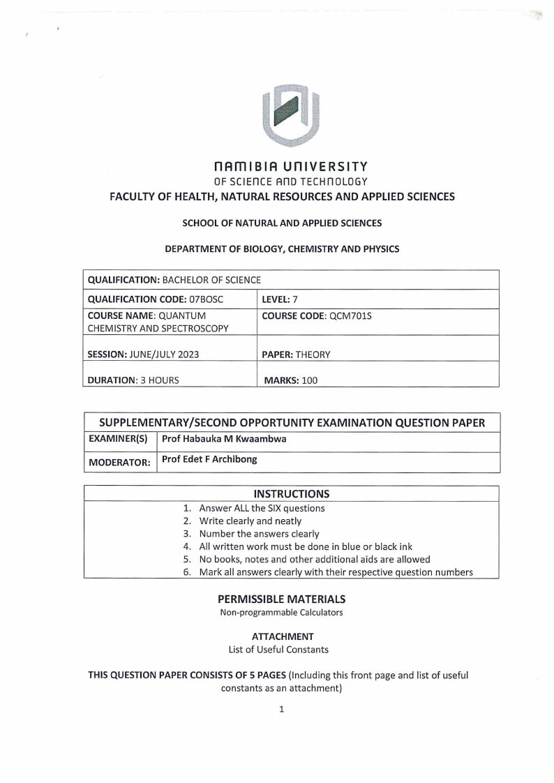QCM701S - QUANTUM CHEMISTR AND SPECTROSCOPY - 2ND OPP - JULY 2023 ...