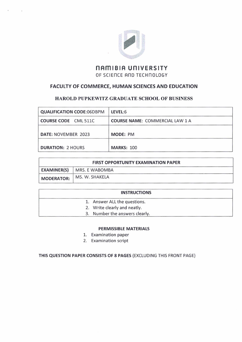 CML511C- COMMERCIAL LAW 1A- 1ST OPP- NOV 2023 :: NUST past examination ...