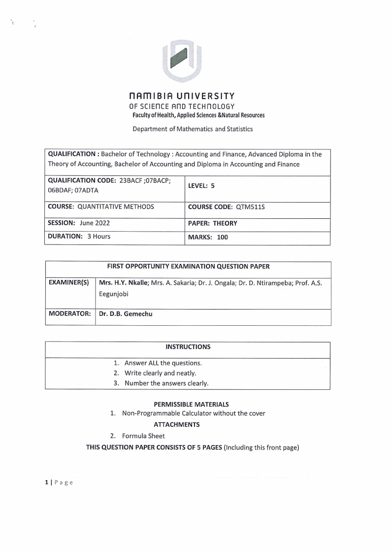 QTM511S - QUANTITATIVE METHODS - 1ST OPP - JUNE 2022 :: NUST past ...