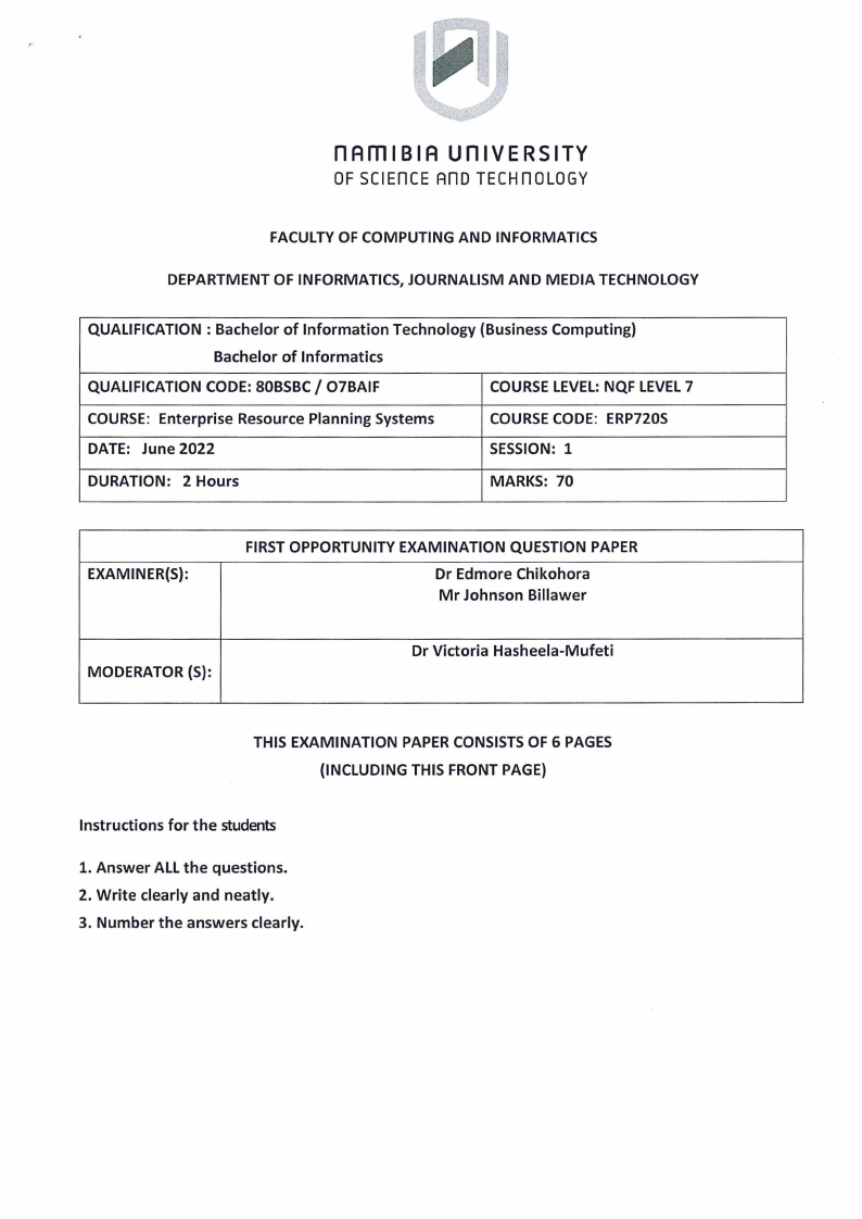ERP720S - ENTERPRISE RESOURCE PLANNING - 1ST OPP - JUNE 2022 :: NUST ...