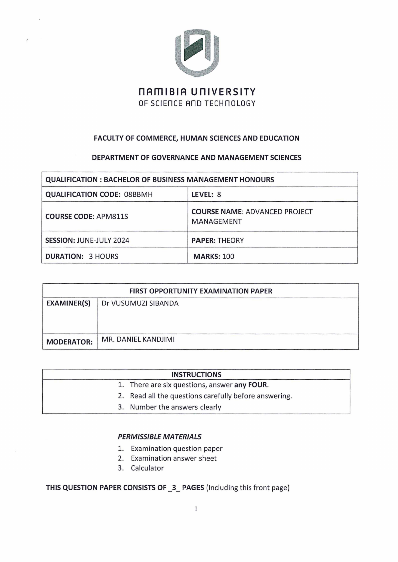 APM811S - ADVANCED PROJECT MANAGEMENT - 1ST OPP - JUNE 2024 :: NUST past examination papers ...