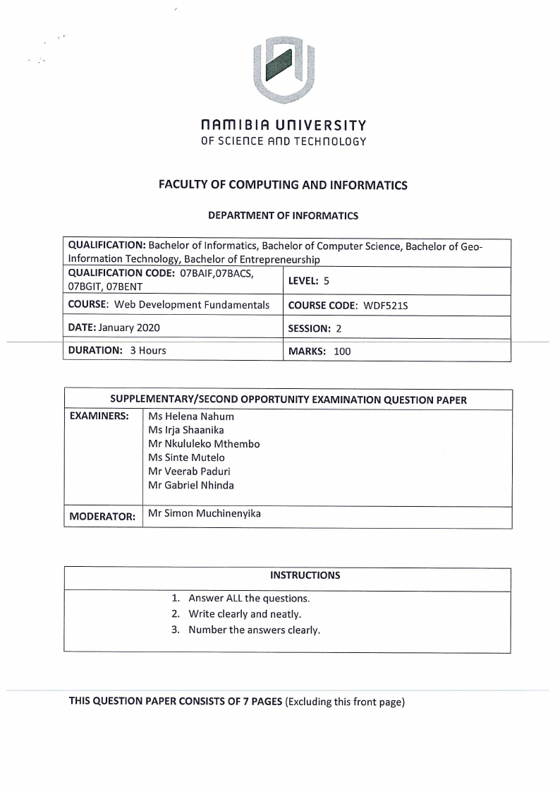 WDF521S- WEB DEVELOPMENT FUNDAMENTALS - 2ND OPP - JAN 2020 :: NUST past ...