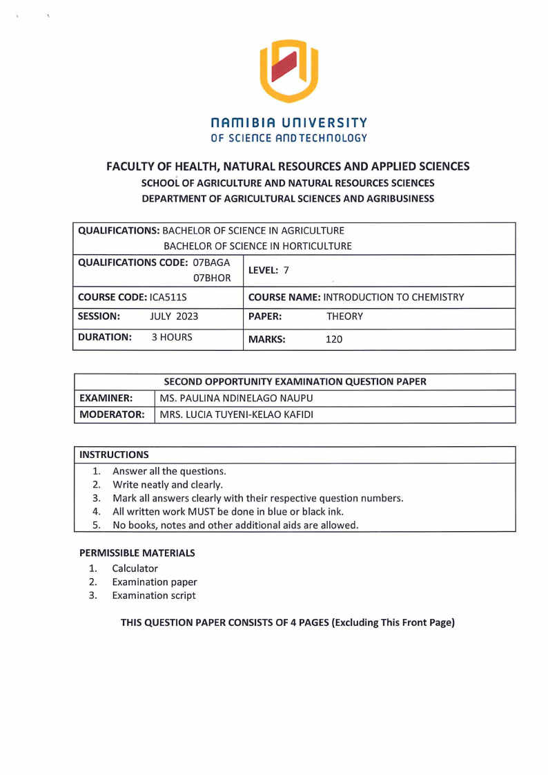 ICA511S - INTRODUCTION TO CHEMISTRY - 2ND OPP - JULY 2023 :: NUST past ...