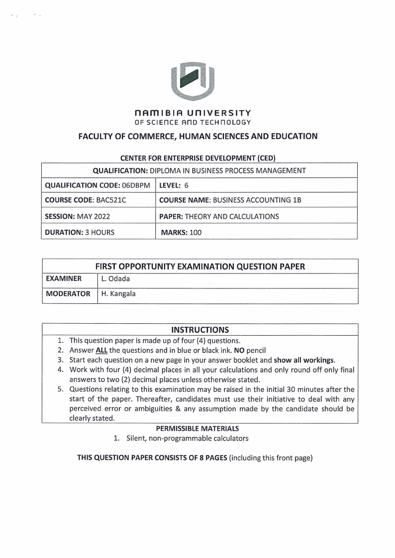 BAC521C-BUSINESS ACCOUNTING 1B-1ST OPP-JUNE 2022 :: NUST past ...