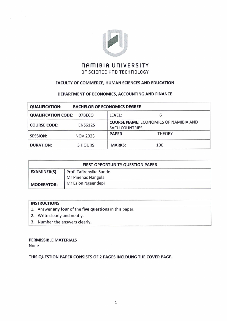 ENS612S- ECONOMICS OF NAMIBIA AND SACU COUNTRIES- 1ST OPP- NOV 2023 ...