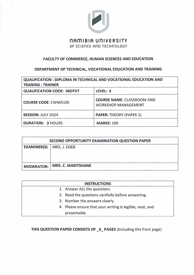 CWM510S - CLASSROOM AND WORKSHOP MANAGEMENT - 2ND OPP - JULY 2024 ...
