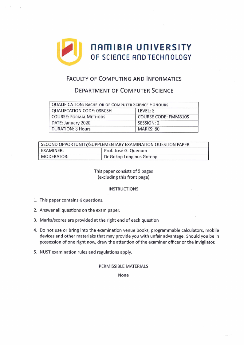FMM810S - FORMAL METHODS - 2ND OPP - JAN 2020 :: NUST past examination ...