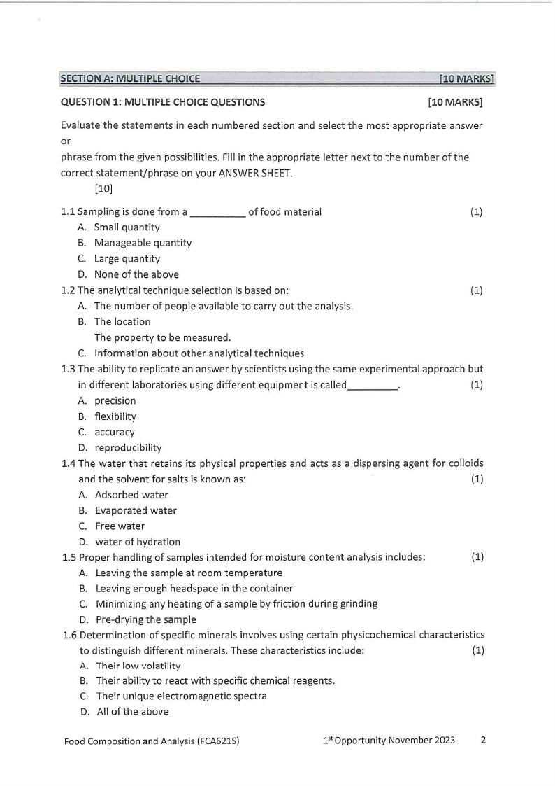 FCA621S - FOOD COMPOSITION AND ANALYSIS - 1ST OPP - NOVEMBER 2023 ...
