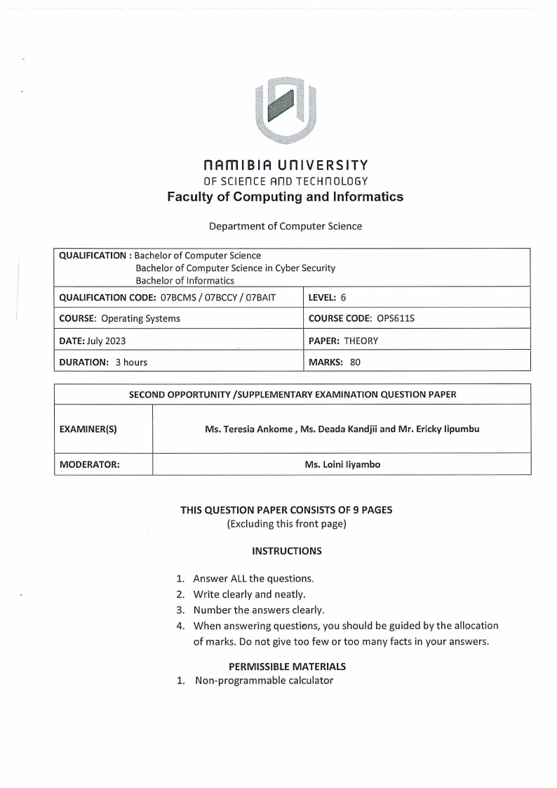 OPS611S - OPERATING SYSTEMS - 2ND OPP - JULY 2023 :: NUST past examination papers between 2020 ...