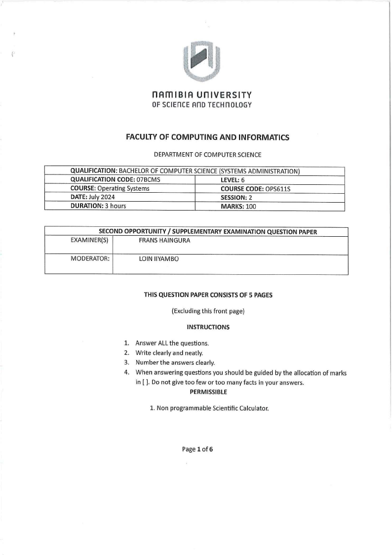 OPS611S - OPERATING SYSTEMS - 2ND OPP - JULY 2024 :: NUST past examination papers between 2020 ...