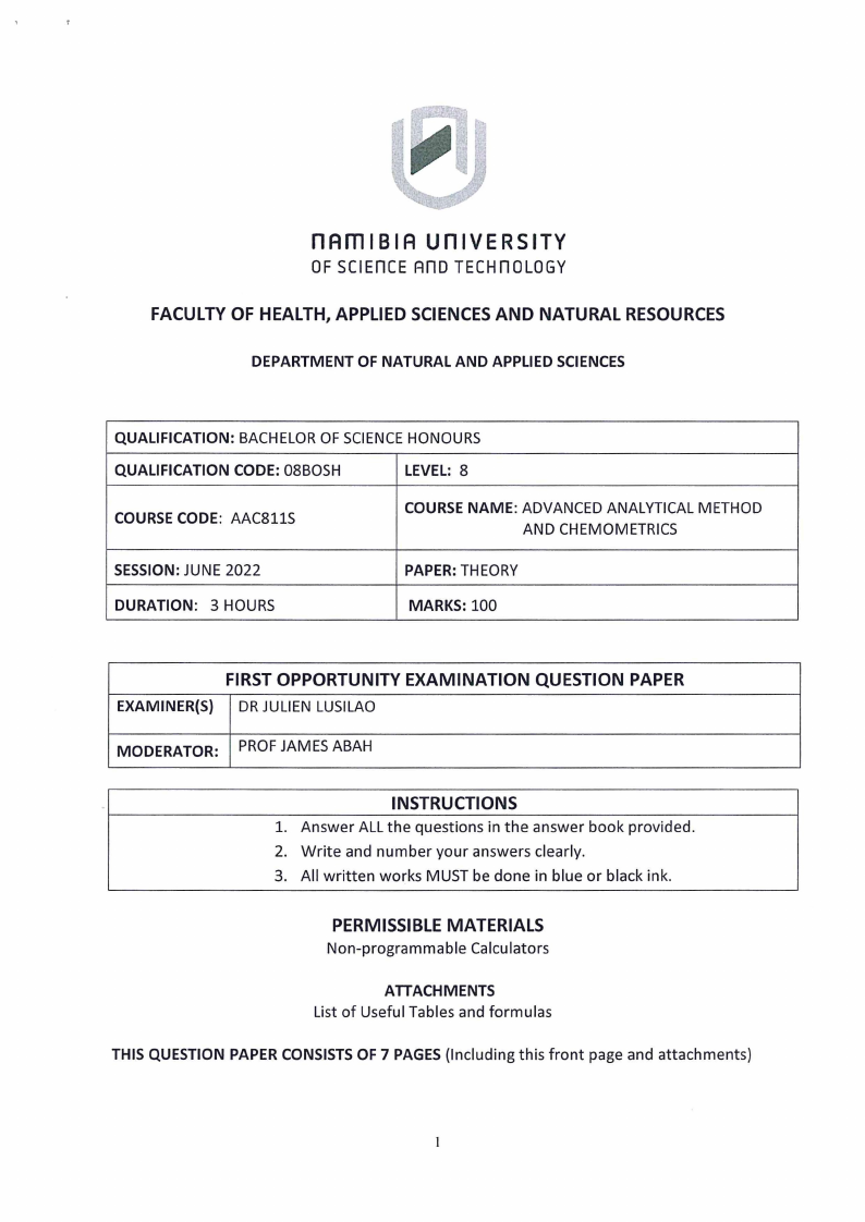 AAC811S - ADVANCED ANALYTICAL METHOD AND CHEMOMETRICS - 1ST OPP - JUNE ...