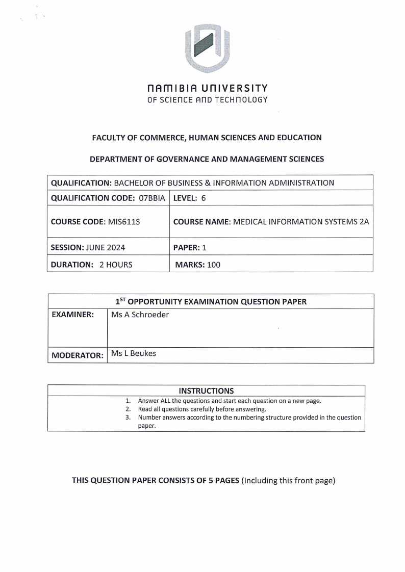 MIS611S - MEDICAL INFORATION SYSTEMS 2A - 1ST OPP - JUNE 2024 :: NUST ...